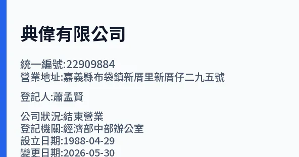 典偉有限公司的照片-統編 22909884(嘉義縣) 公司登記資料與營業項目詳細圖表