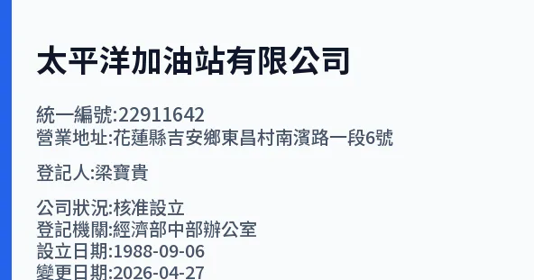 太平洋加油站有限公司的照片-統編 22911642(花蓮縣) 公司登記資料與營業項目詳細圖表