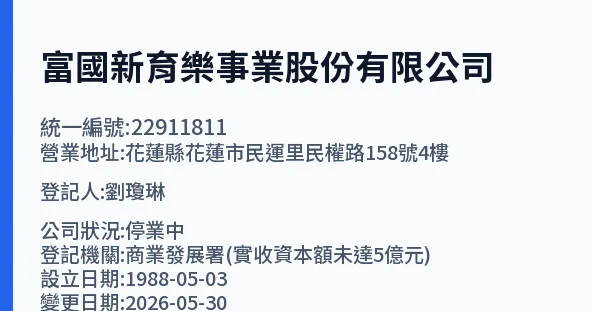 富國新育樂事業股份有限公司的照片-統編 22911811(花蓮縣) 公司登記資料與營業項目詳細圖表