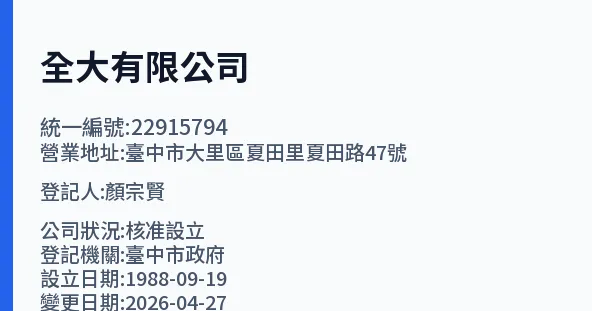 全大有限公司的照片-統編 22915794(臺中市) 公司登記資料與營業項目詳細圖表