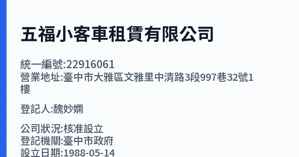 五福小客車租賃有限公司的照片-統編 22916061(臺中市) 公司登記資料與營業項目詳細圖表