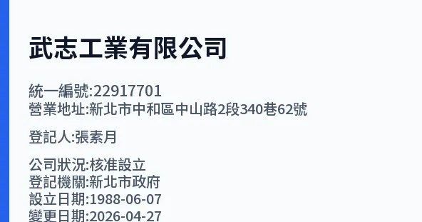 武志工業有限公司的照片-統編 22917701(新北市) 公司登記資料與營業項目詳細圖表