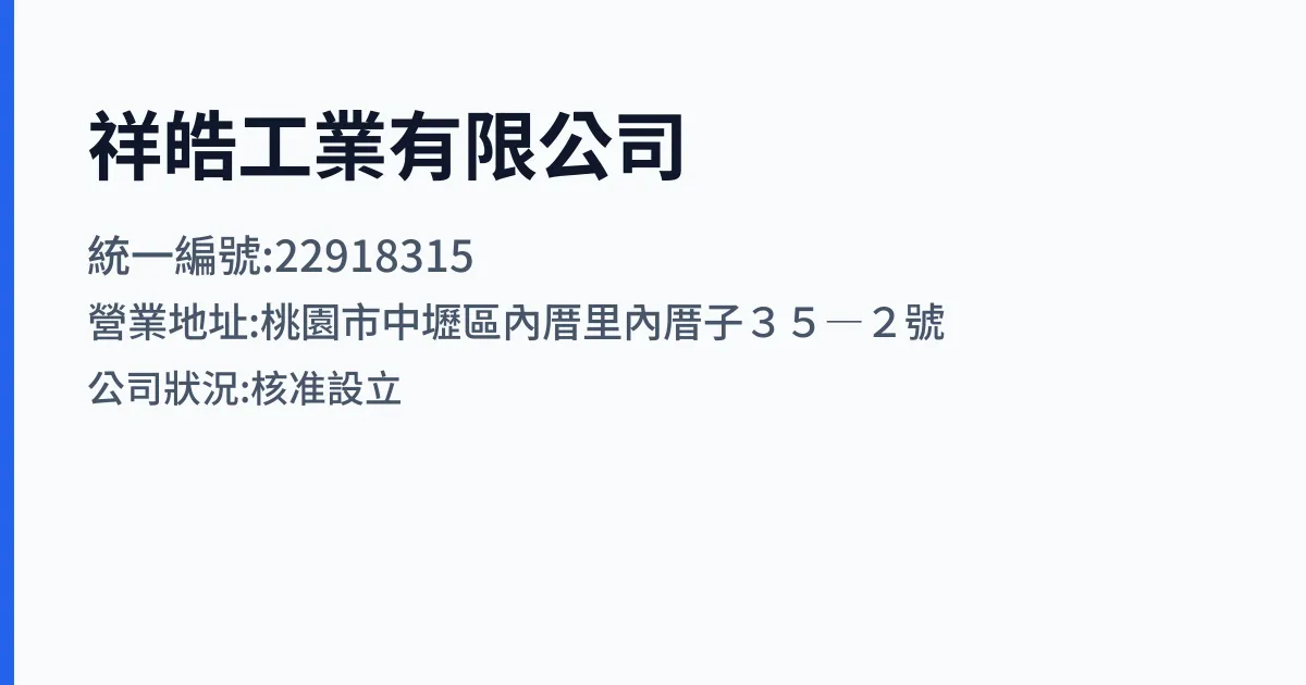祥皓工業有限公司 - 統編 22918315(桃園市) 公司登記資料與營業項目詳細圖表