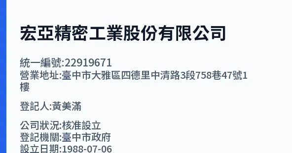 宏亞精密工業股份有限公司的照片-統編 22919671(臺中市) 公司登記資料與營業項目詳細圖表