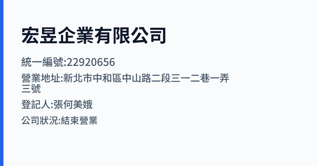 宏昱企業有限公司 - 統編 22920656(新北市) 公司登記資料與營業項目詳細圖表