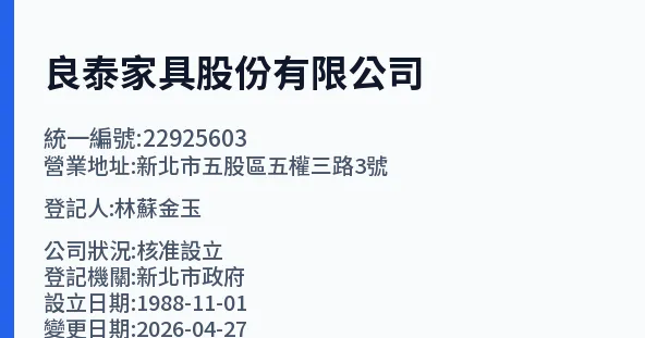 良泰家具股份有限公司的照片-統編 22925603(新北市) 公司登記資料與營業項目詳細圖表