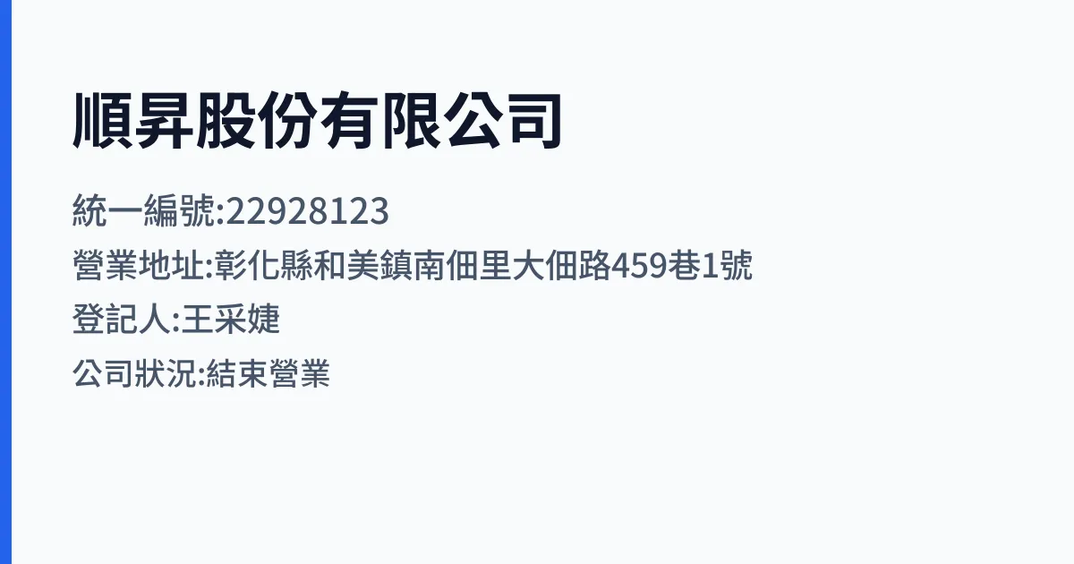 順昇股份有限公司 - 統編 22928123(彰化縣) 公司登記資料與營業項目詳細圖表