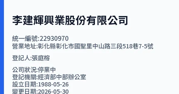 李建輝興業股份有限公司的照片-統編 22930970(彰化縣) 公司登記資料與營業項目詳細圖表