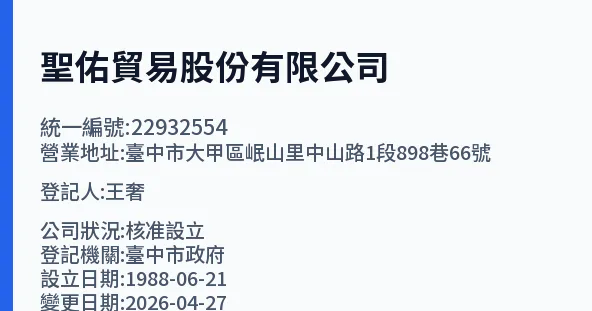 聖佑貿易股份有限公司的照片-統編 22932554(臺中市) 公司登記資料與營業項目詳細圖表