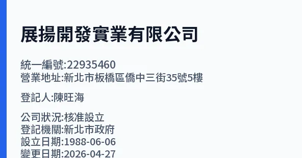 展揚開發實業有限公司的照片-統編 22935460(新北市) 公司登記資料與營業項目詳細圖表