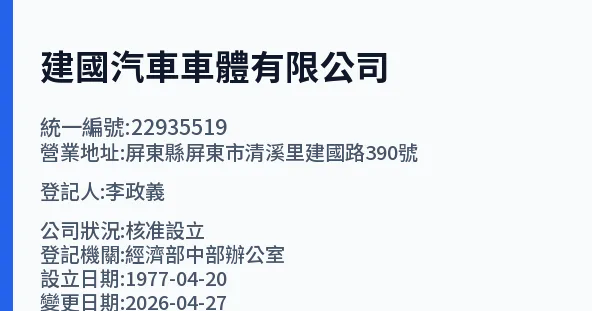 建國汽車車體有限公司的照片-統編 22935519(屏東縣) 公司登記資料與營業項目詳細圖表
