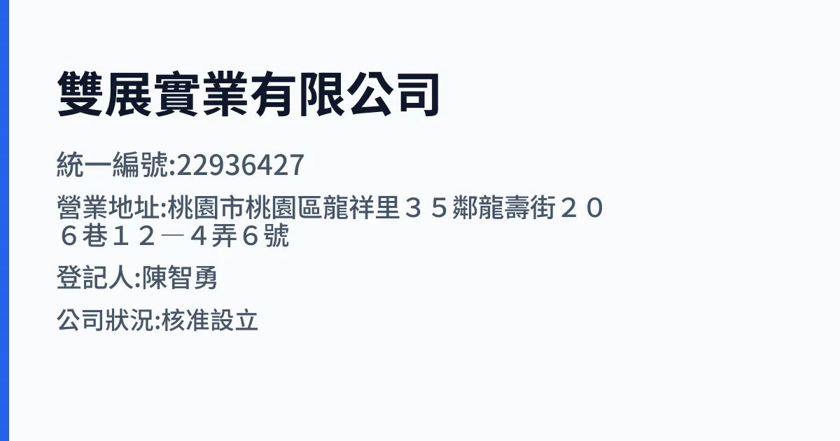 雙展實業有限公司 - 統編 22936427(桃園市) 公司登記資料與營業項目詳細圖表