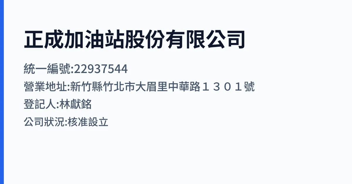 正成加油站股份有限公司 - 統編 22937544（新竹縣） 公司登記資料與營業項目詳細圖表