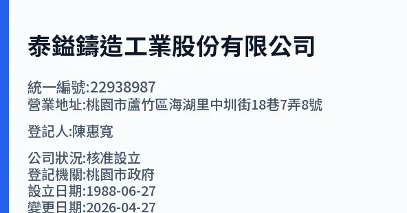 泰鎰鑄造工業股份有限公司的照片-統編 22938987(桃園市) 公司登記資料與營業項目詳細圖表