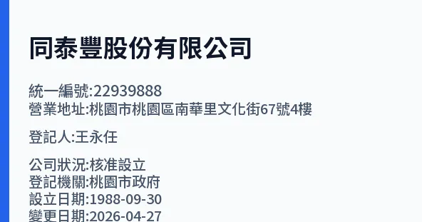 同泰豐股份有限公司的照片-統編 22939888(桃園市) 公司登記資料與營業項目詳細圖表