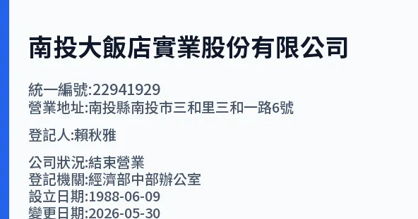 南投大飯店實業股份有限公司的照片-統編 22941929(南投縣) 公司登記資料與營業項目詳細圖表