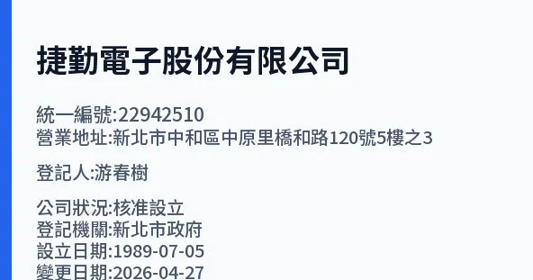 捷勤電子股份有限公司的照片-統編 22942510(新北市) 公司登記資料與營業項目詳細圖表