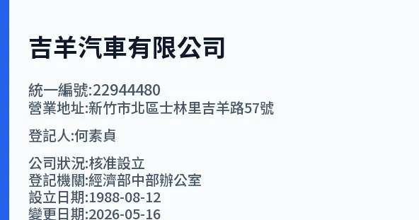 吉羊汽車有限公司的照片-統編 22944480(新竹市) 公司登記資料與營業項目詳細圖表