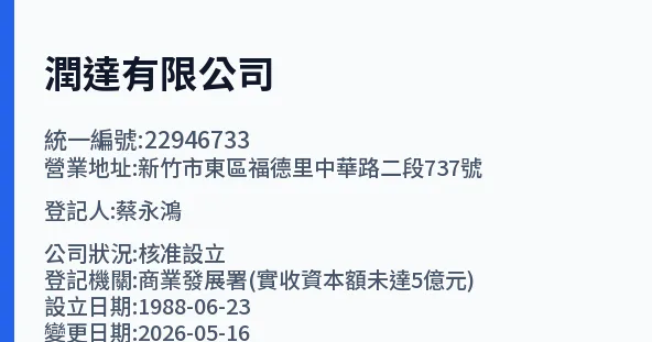 潤達有限公司的照片-統編 22946733(新竹市) 公司登記資料與營業項目詳細圖表