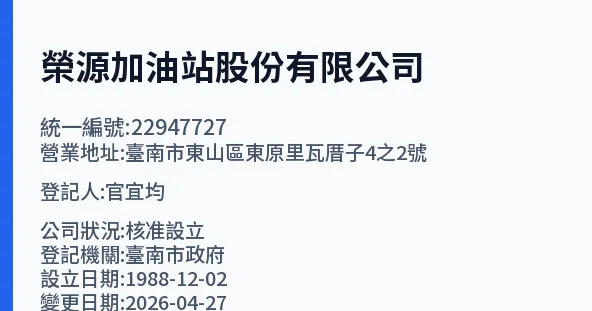 榮源加油站股份有限公司的照片-統編 22947727(臺南市) 公司登記資料與營業項目詳細圖表