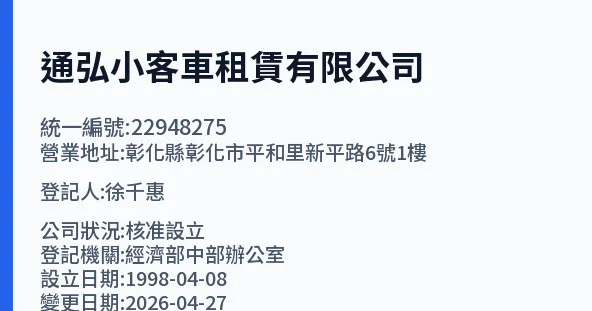 通弘小客車租賃有限公司的照片-統編 22948275(彰化縣) 公司登記資料與營業項目詳細圖表