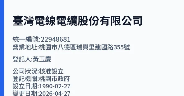 臺灣電線電纜股份有限公司的照片-統編 22948681(桃園市) 公司登記資料與營業項目詳細圖表
