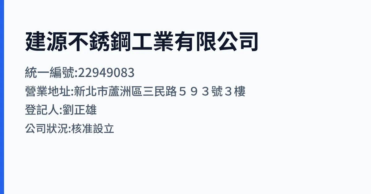 建源不銹鋼工業有限公司 - 統編 22949083(新北市) 公司登記資料與營業項目詳細圖表