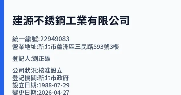 建源不銹鋼工業有限公司的照片-統編 22949083(新北市) 公司登記資料與營業項目詳細圖表