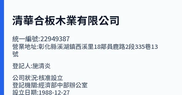 清華合板木業有限公司的照片-統編 22949387(彰化縣) 公司登記資料與營業項目詳細圖表