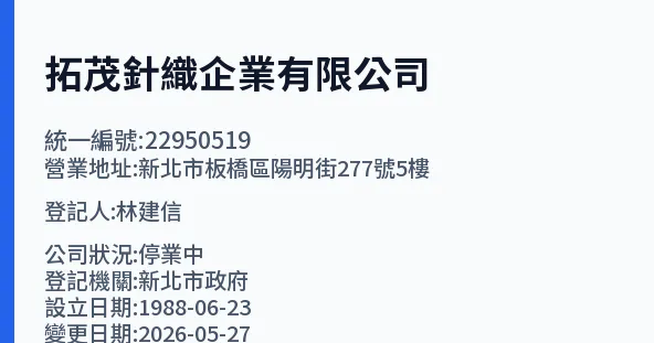 拓茂針織企業有限公司的照片-統編 22950519(新北市) 公司登記資料與營業項目詳細圖表