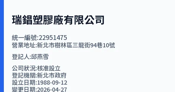瑞錩塑膠廠有限公司的照片-統編 22951475(新北市) 公司登記資料與營業項目詳細圖表
