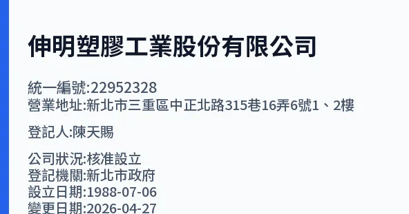 伸明塑膠工業股份有限公司的照片-統編 22952328(新北市) 公司登記資料與營業項目詳細圖表