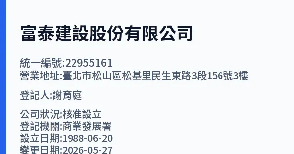 富泰建設股份有限公司的照片-統編 22955161(臺北市) 公司登記資料與營業項目詳細圖表
