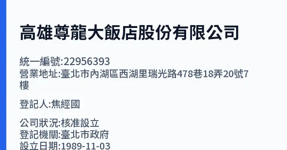高雄尊龍大飯店股份有限公司的照片-統編 22956393(臺北市) 公司登記資料與營業項目詳細圖表