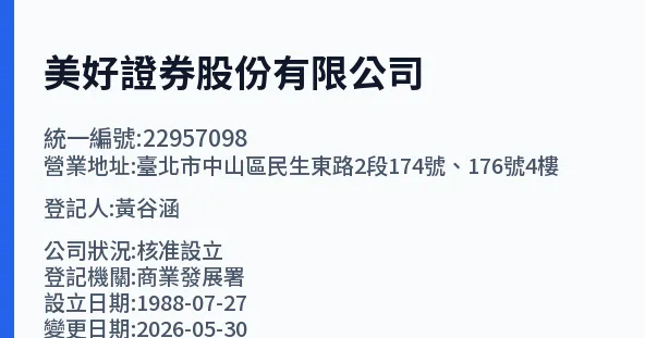 美好證券股份有限公司的照片-統編 22957098(臺北市) 公司登記資料與營業項目詳細圖表