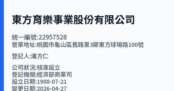 東方育樂事業股份有限公司的照片-統編 22957528(桃園市) 公司登記資料與營業項目詳細圖表