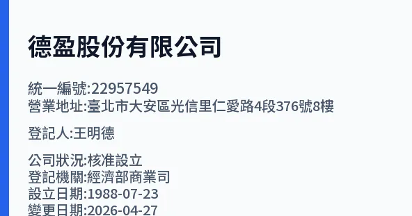 德盈股份有限公司的照片-統編 22957549(臺北市) 公司登記資料與營業項目詳細圖表