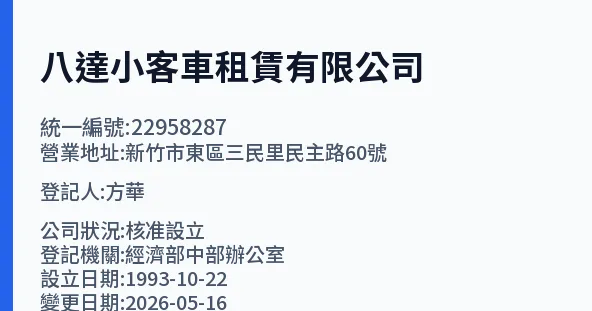 八達小客車租賃有限公司的照片-統編 22958287(新竹市) 公司登記資料與營業項目詳細圖表