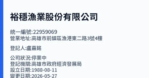 裕穩漁業股份有限公司的照片-統編 22959069(高雄市) 公司登記資料與營業項目詳細圖表
