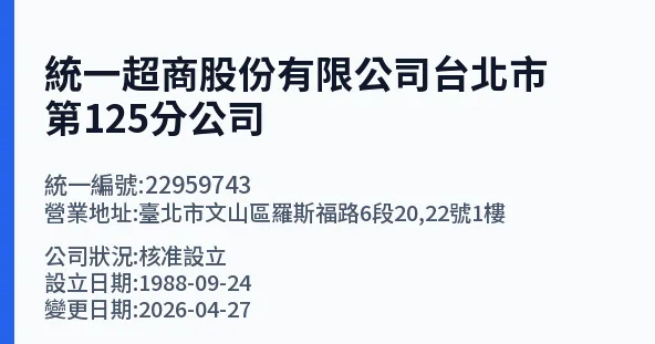 統一超商股份有限公司台北市第125分公司的照片-統編 22959743(臺北市) 公司登記資料與營業項目詳細圖表