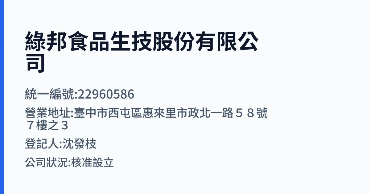綠邦食品生技股份有限公司 - 統編 22960586(臺中市) 公司登記資料與營業項目詳細圖表