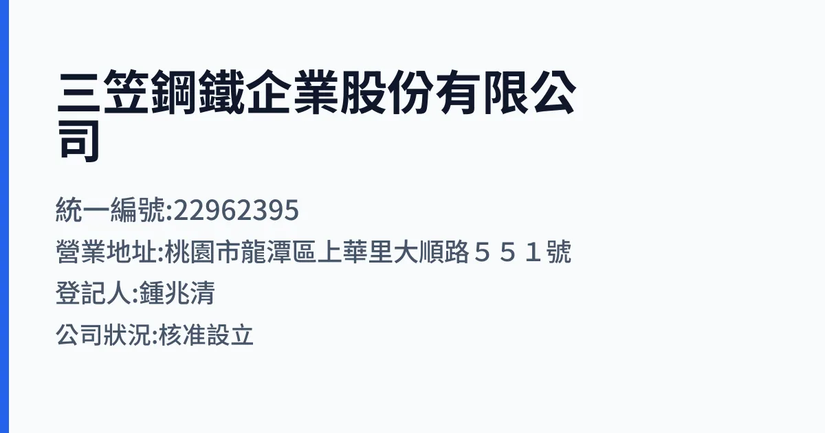 三笠鋼鐵企業股份有限公司 - 統編 22962395(桃園市) 公司登記資料與營業項目詳細圖表