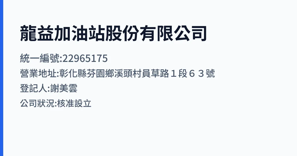 龍益加油站股份有限公司 - 統編 22965175(彰化縣) 公司登記資料與營業項目詳細圖表