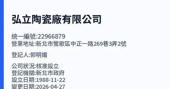 弘立陶瓷廠有限公司的照片-統編 22966879(新北市) 公司登記資料與營業項目詳細圖表