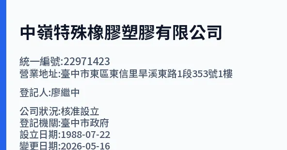 中嶺特殊橡膠塑膠有限公司的照片-統編 22971423(臺中市) 公司登記資料與營業項目詳細圖表