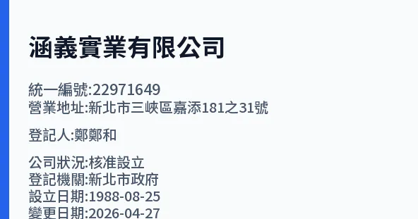 涵義實業有限公司的照片-統編 22971649(新北市) 公司登記資料與營業項目詳細圖表