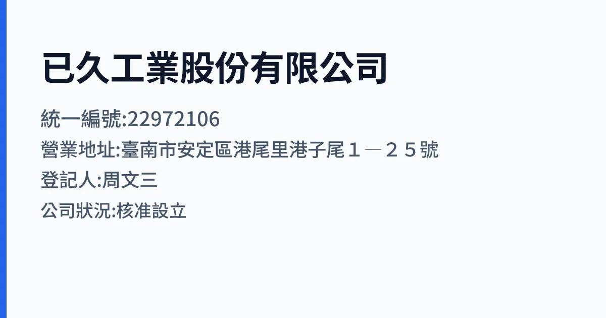 已久工業股份有限公司 - 統編 22972106(臺南市) 公司登記資料與營業項目詳細圖表