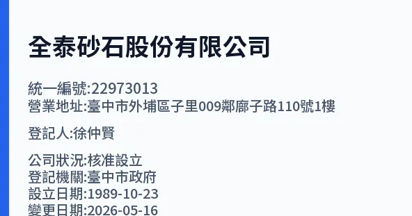 全泰砂石股份有限公司的照片-統編 22973013(臺中市) 公司登記資料與營業項目詳細圖表