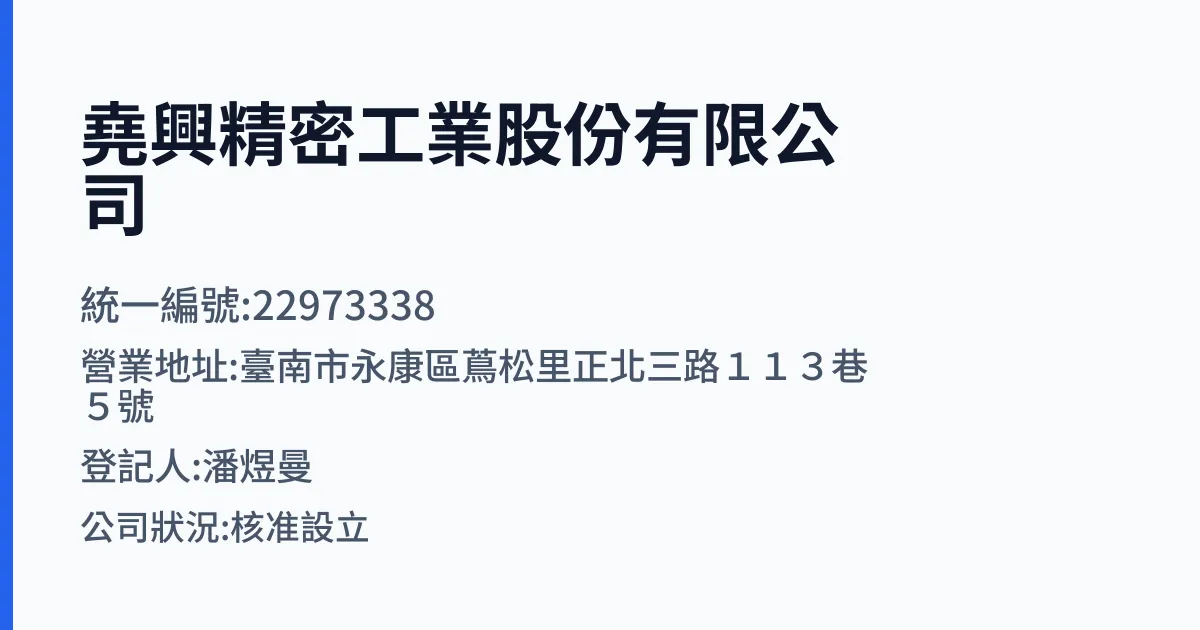 堯興精密工業股份有限公司 - 統編 22973338(臺南市) 公司登記資料與營業項目詳細圖表