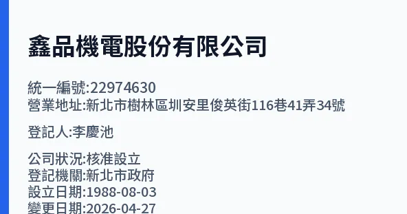 鑫品機電股份有限公司的照片-統編 22974630(新北市) 公司登記資料與營業項目詳細圖表